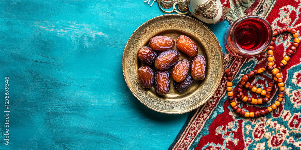 golden tray adorned with Muslim prayer beads, dates, and Arabic tea ...