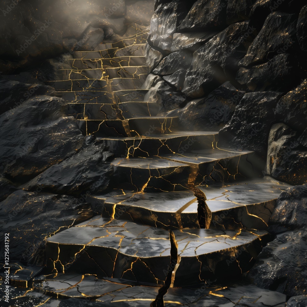 Stairs formed of cracked stones lead upwards in an underground setting ...