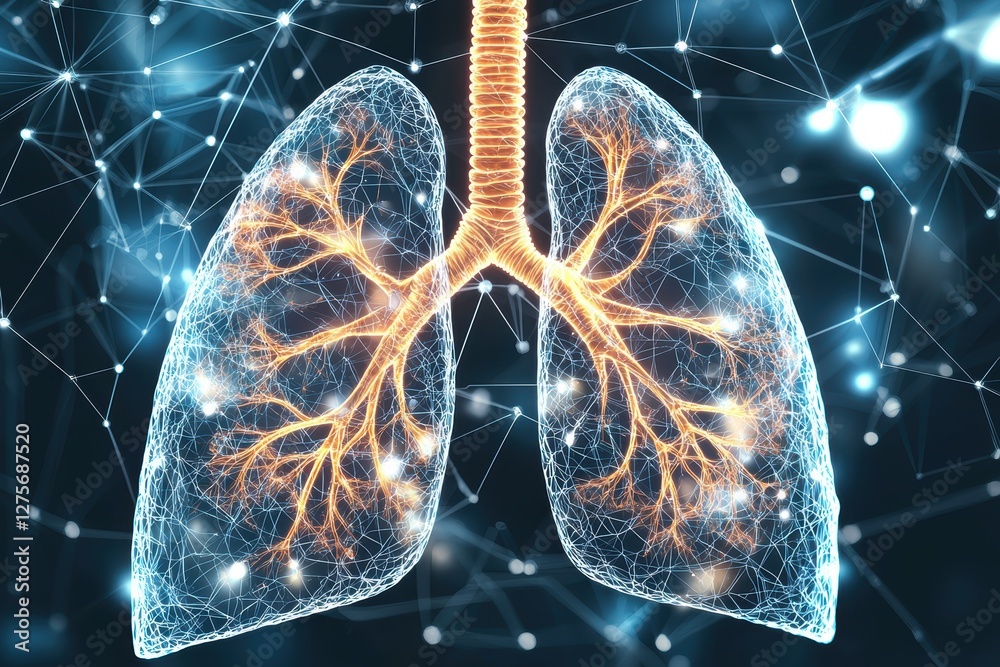 Futuristic AI-enhanced medical scan of lungs, glowing network of ...