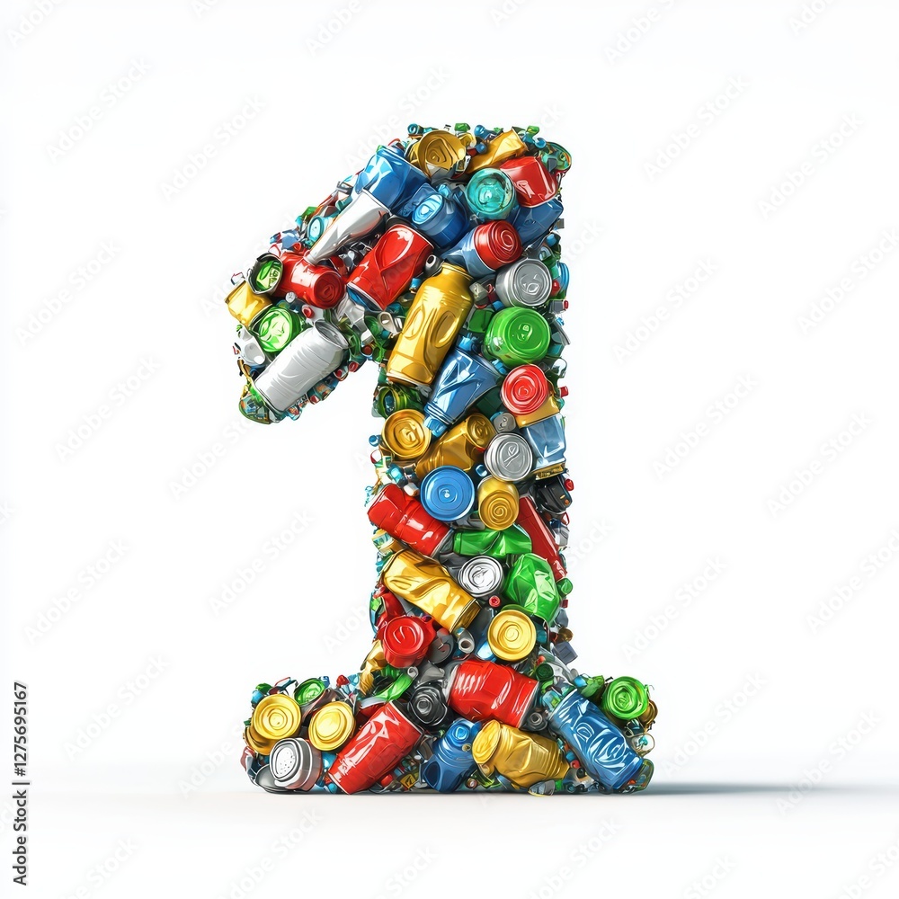 Number 1 made of compressed recycled plastic bottles and aluminum cans ...