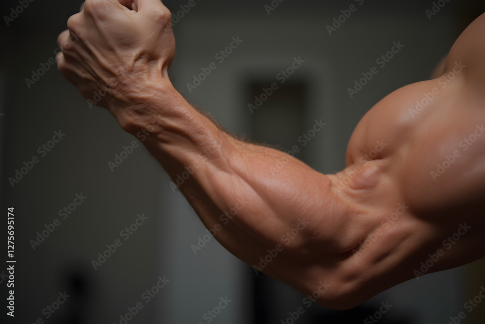 Muscular arm flexing with detailed veins and tendons visible ...