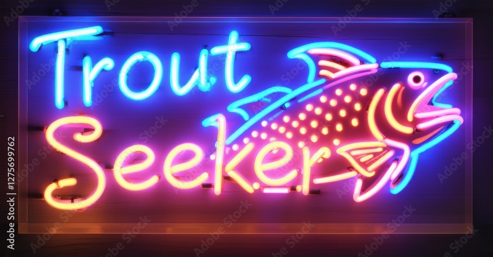 Neon sign trout seekers with glowing underwater light and a fish ...