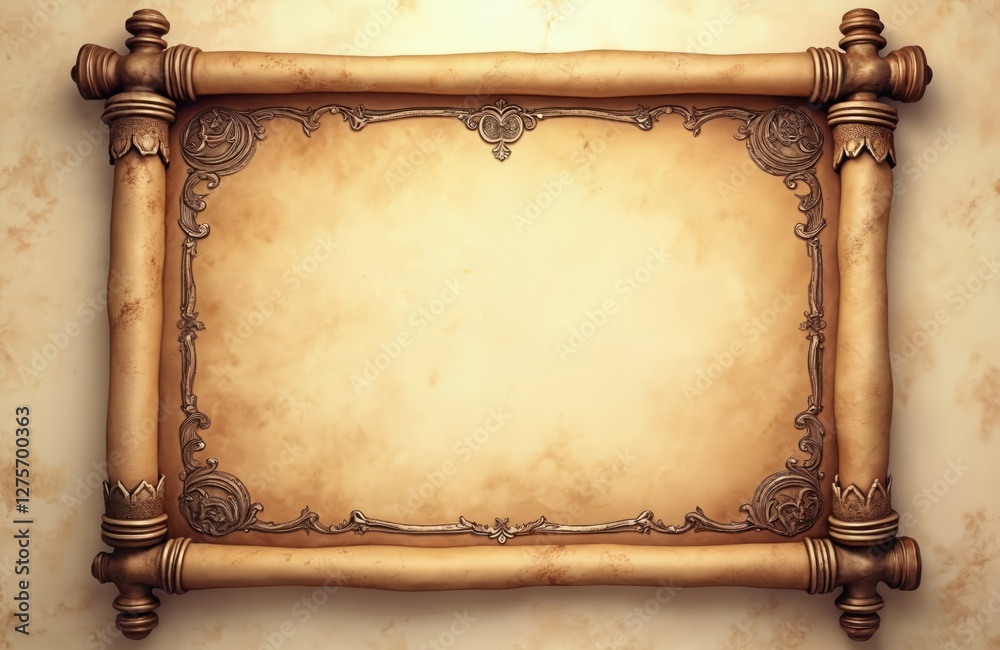 Old world parchment scroll with ornate borders on dreamy gradient ...