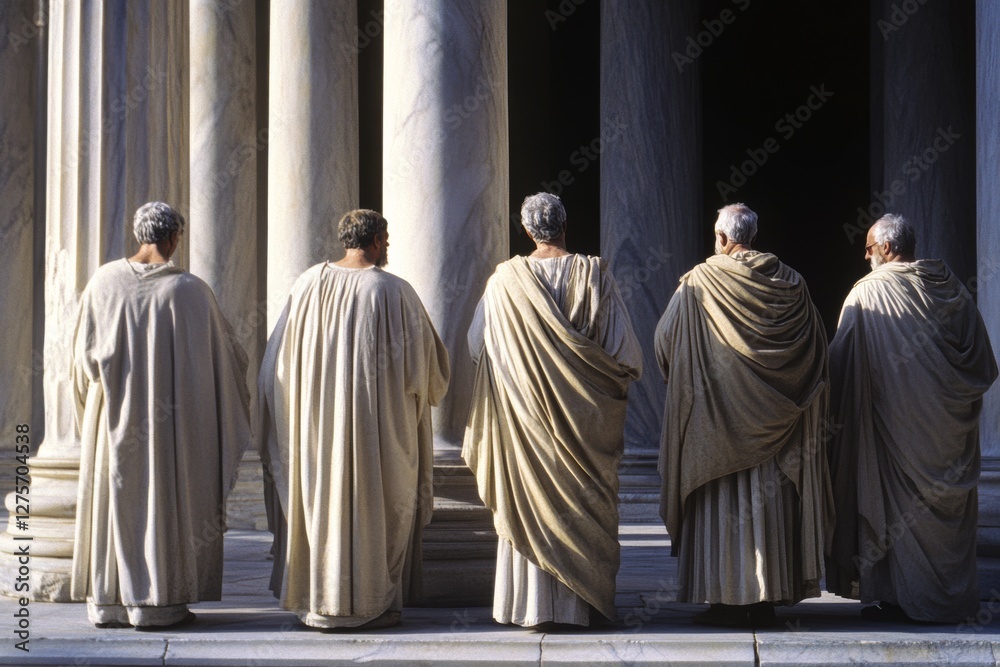Five robed figures stand solemnly before grand columns, suggesting ...