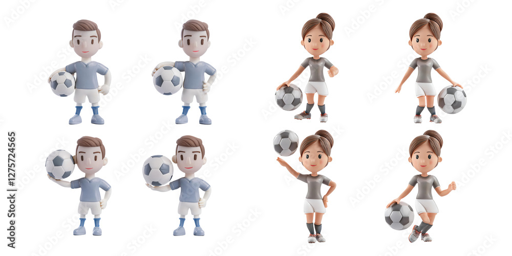 Playful cartoon characters with soccer ball in dynamic poses, isolated ...