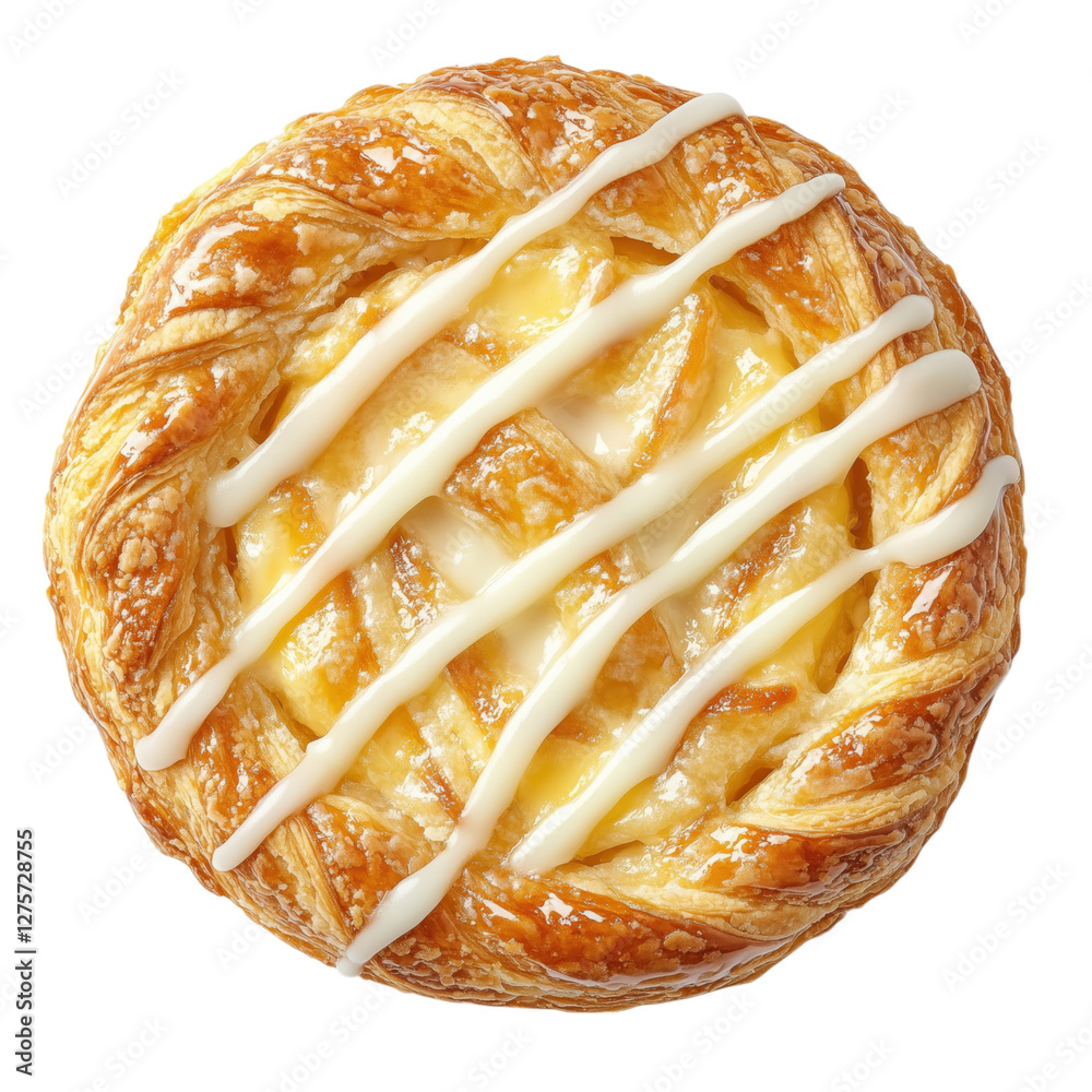 Golden Danish pastry with a creamy filling and drizzled icing, isolated ...