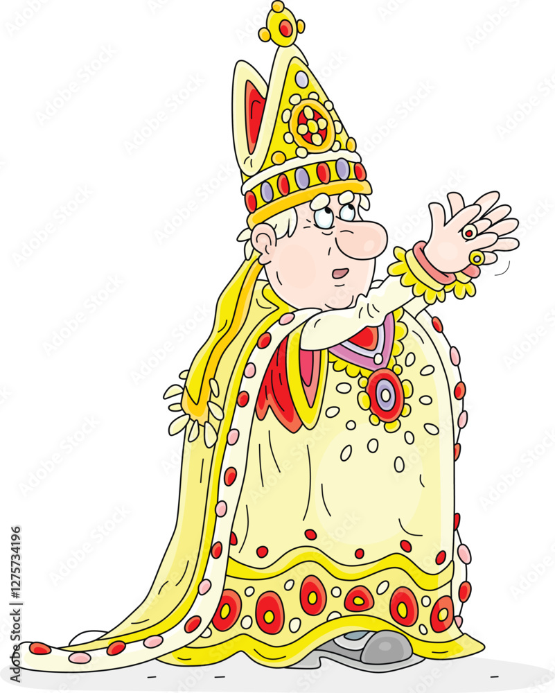 Cartoony priest in solemn attire with raised hands praying in a church ...