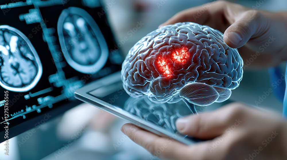 digital representation of human brain scan shows signs of stroke, with ...