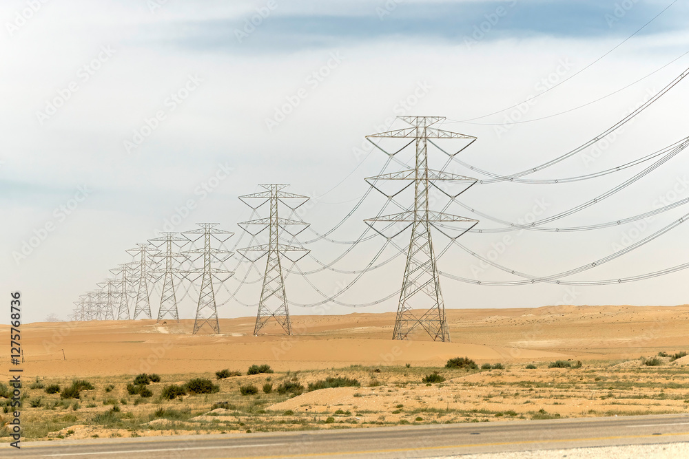 High-voltage power lines and high voltage electric transmission towers ...