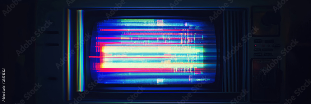 Vintage TV error screen with color bars, static noise, and analog scan ...