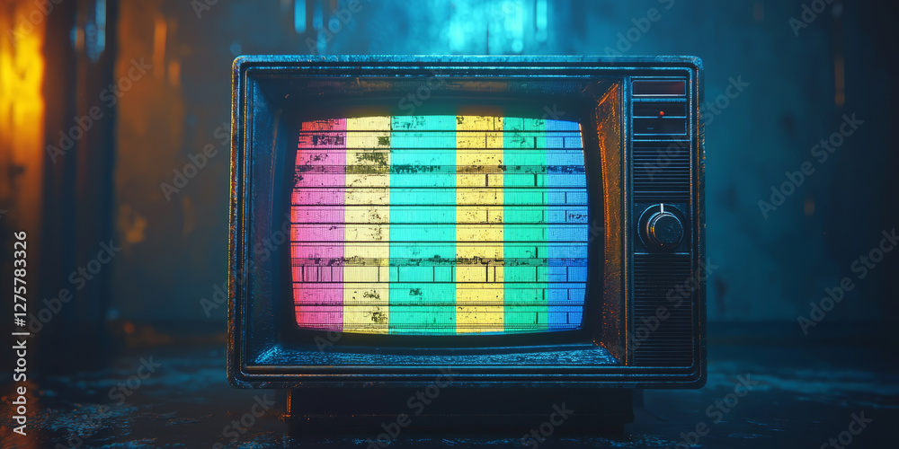 Vintage TV error screen with color bars, static noise, and analog scan ...