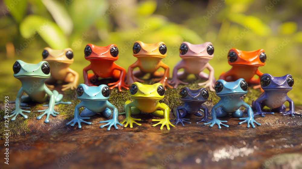Cute frog character sitting on floor. Different types and colors of ...