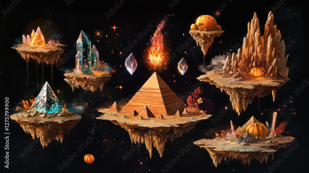 Set of floating island platforms for game ui isolated on black ...