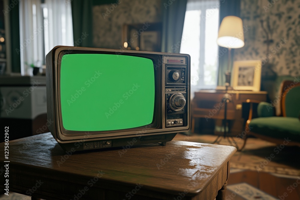 Vintage Television Set Television green screen in a room. 80s Retro TV ...