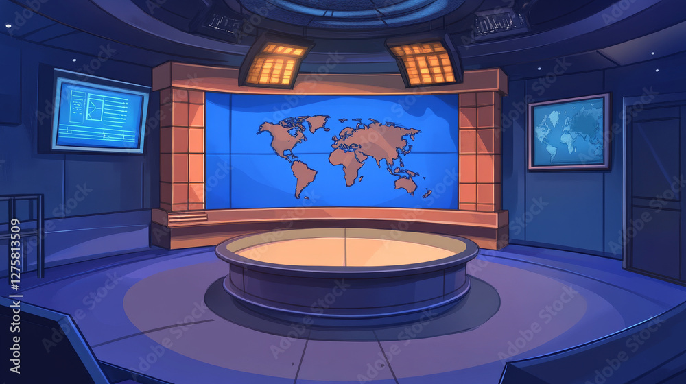 Tv news studio, television broadcast set room with round table and blue ...