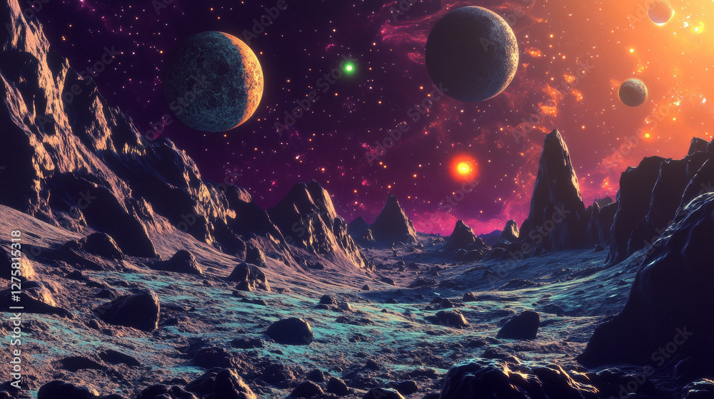 Alien planet landscape with rocks, cracks and glowing spots. Vector ...