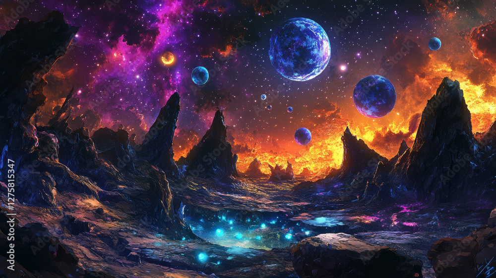 Alien planet landscape with rocks, cracks and glowing spots. Vector ...