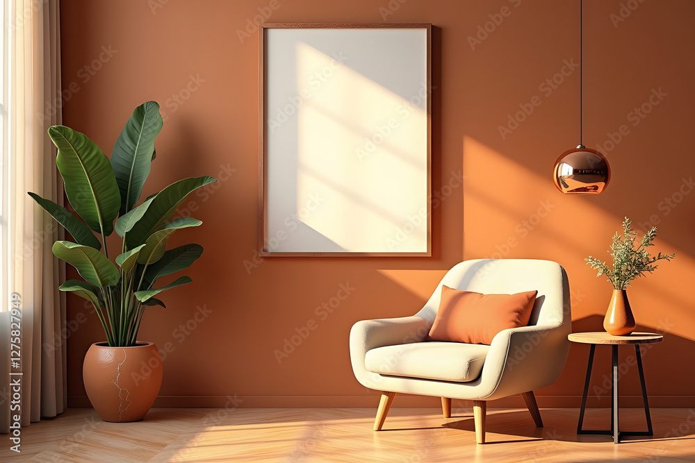 A modern interior design with a warm, earthy color scheme, featuring a ...