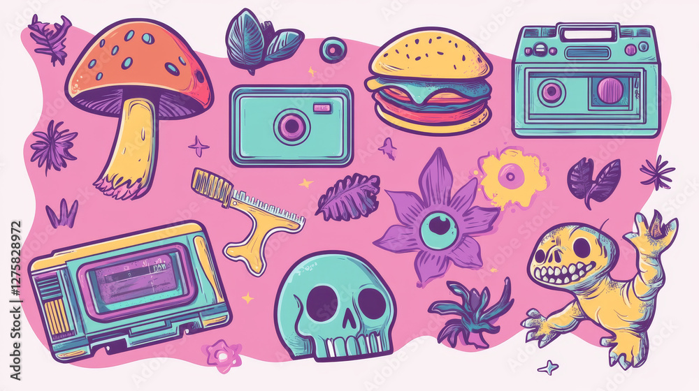 Y2k stickers monochrome retro rave psychedelic patches pack. Trippy ...