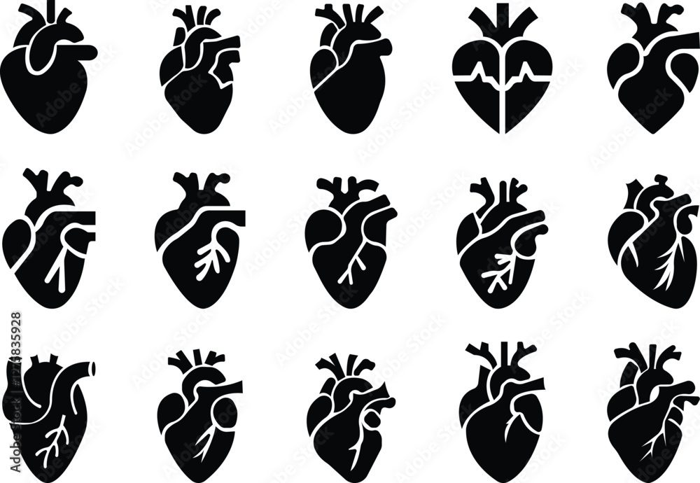 Anatomical heart icon set.Human anatomy internal organ set with brain ...