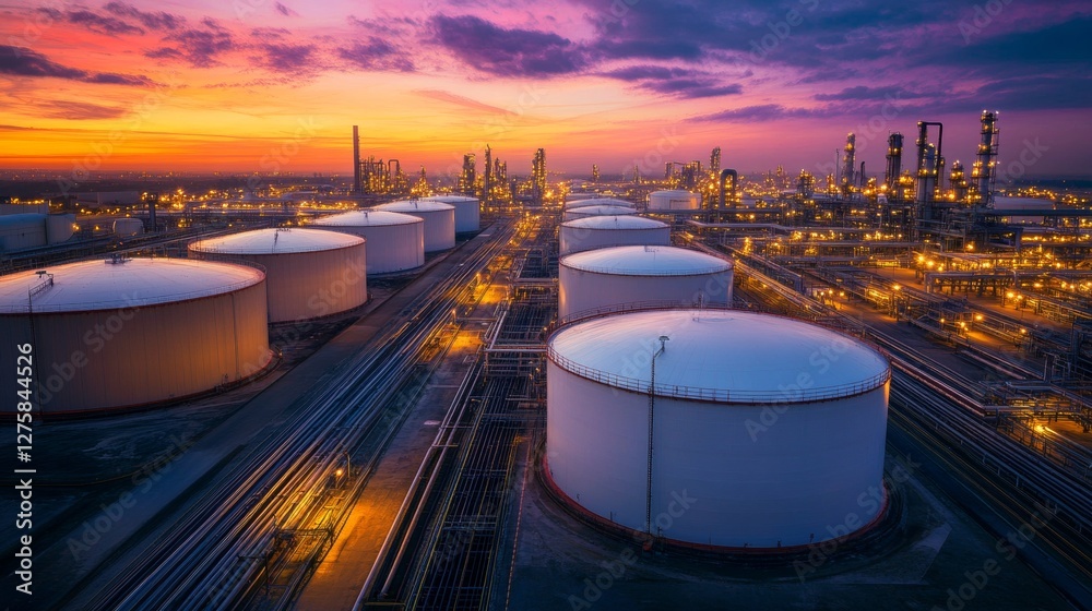 Expansive oil storage facility featuring large cylindrical tanks and ...