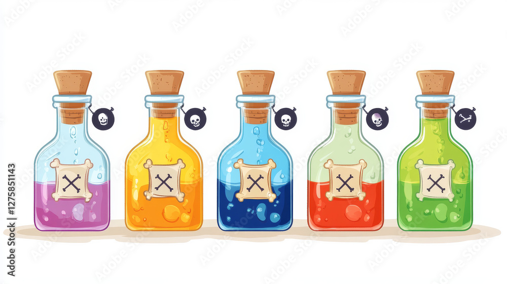 Bottles with magic potions and poisons. Vector cartoon set of glass ...