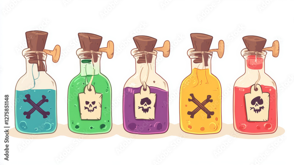 Bottles with magic potions and poisons. Vector cartoon set of glass ...