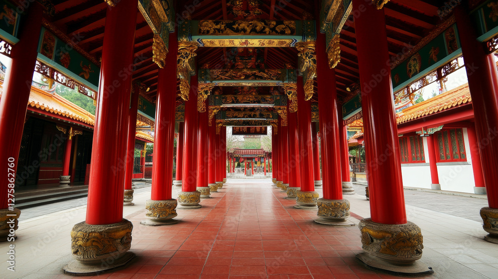 Chinese red pillars, historic gold architecture decor for asian temple ...