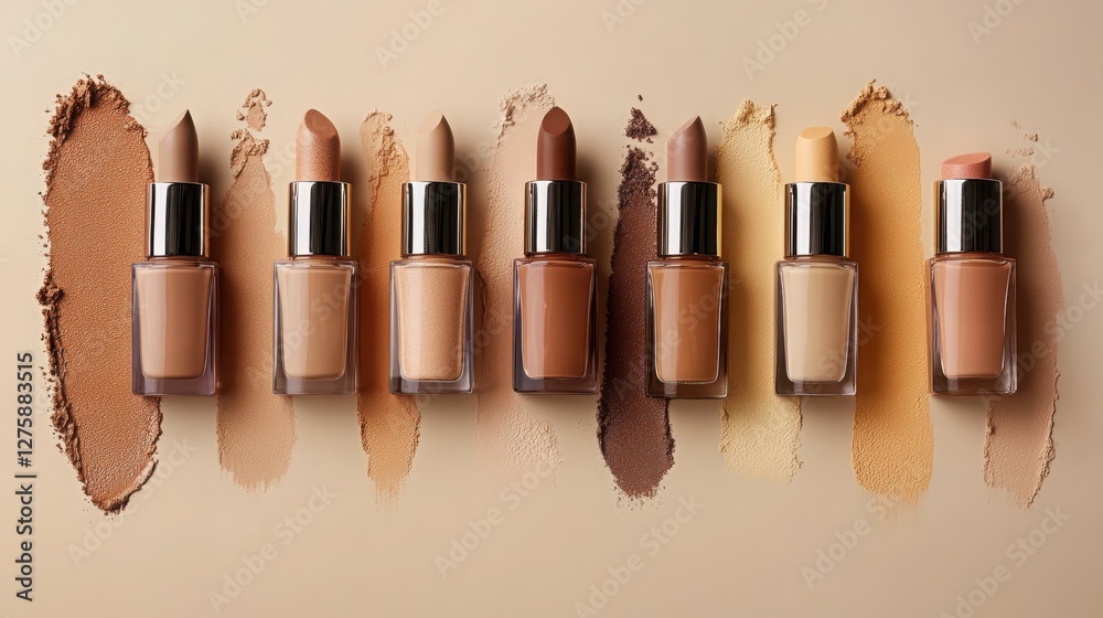 Foundation Tones Display Seven foundation bottles with different skin ...