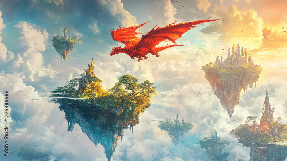 Fantasy red dragon on floating islands. Fairy tale magic monster ...