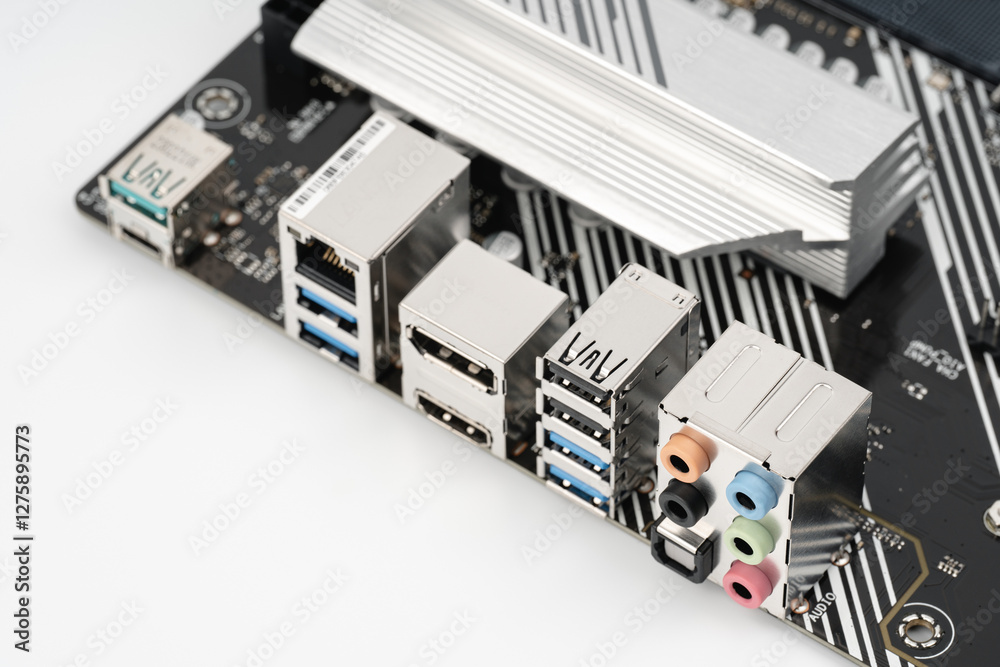 The back of a modern motherboard with a large set of ports for ...
