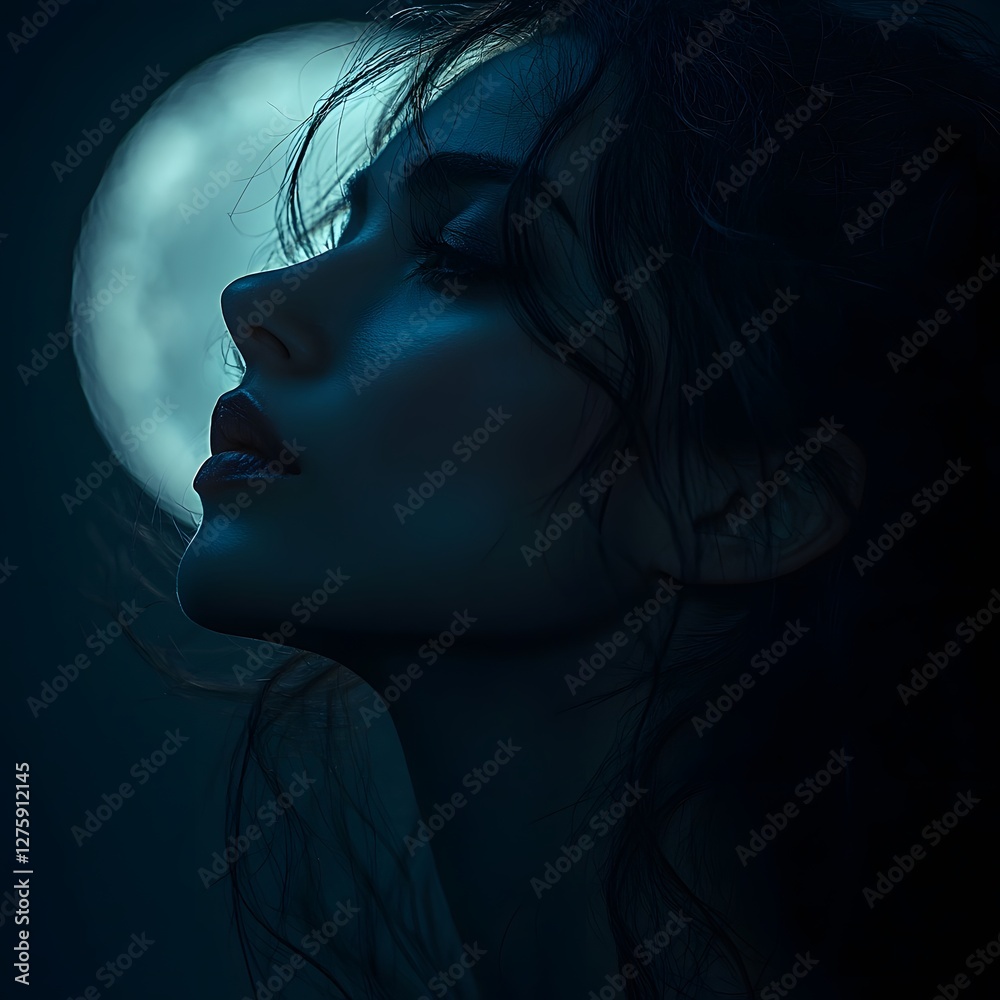 Dramatic Portrait of Person Lit by Glowing Full Moon Mysterious Shadows ...