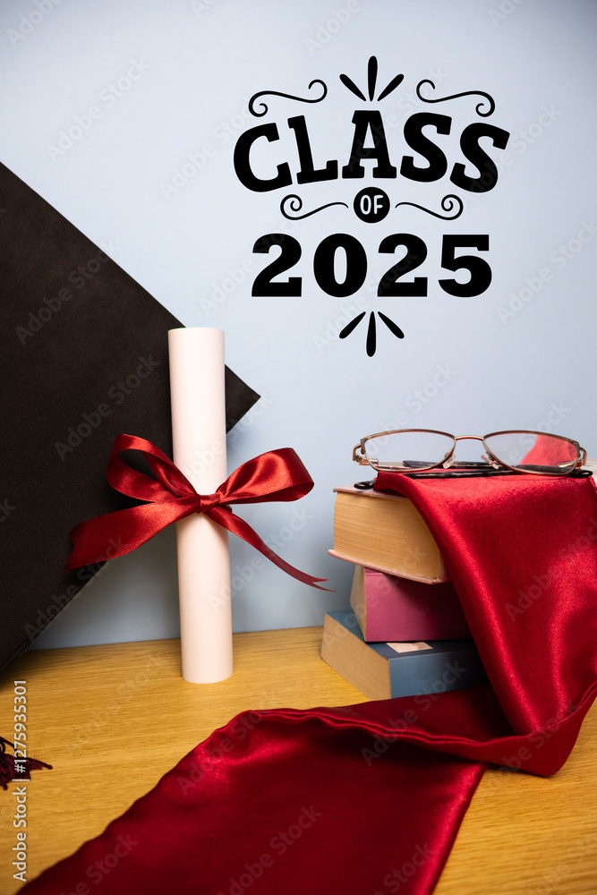 Class of 2025 Graduation background with academic hat diploma and stole ...