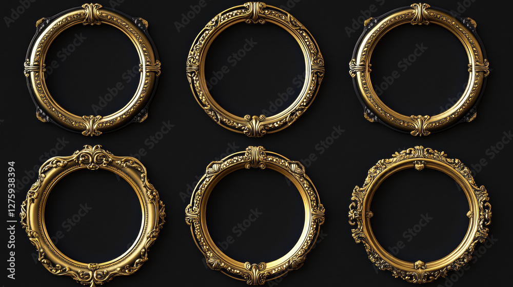 Round ui game frames, gold textured circles with curve ornate rims and ...