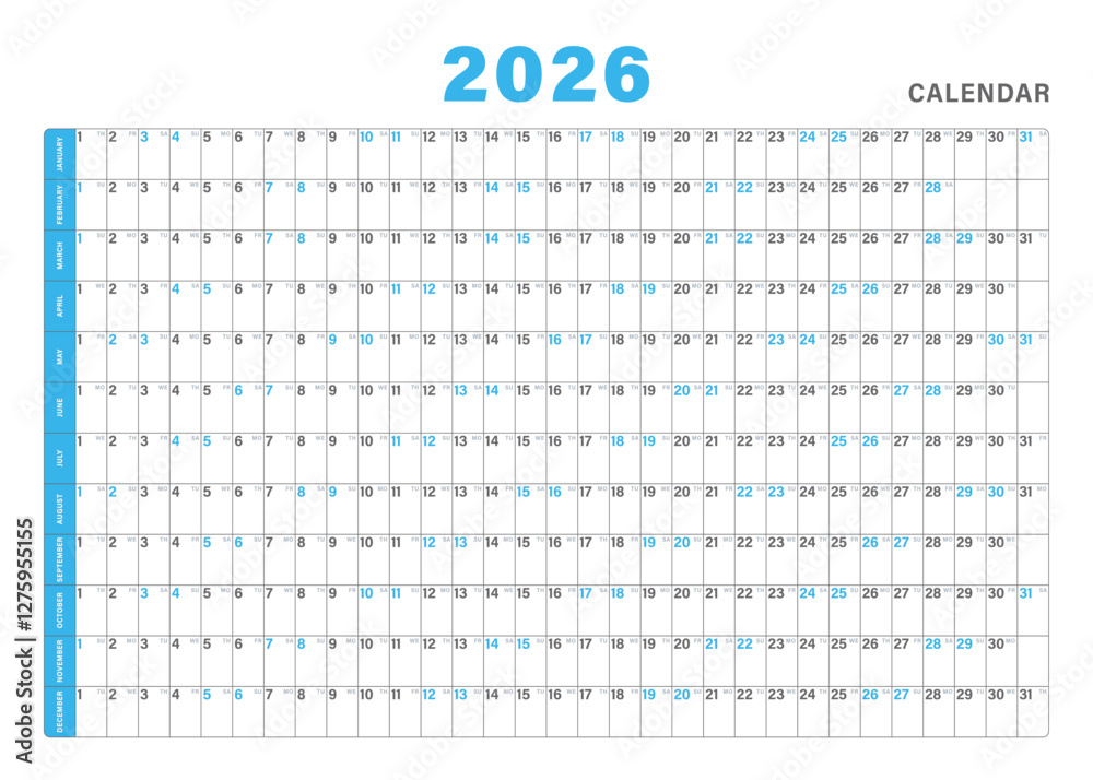 Horizontal modern classic blue calendar 2026. Calendar planner template ...