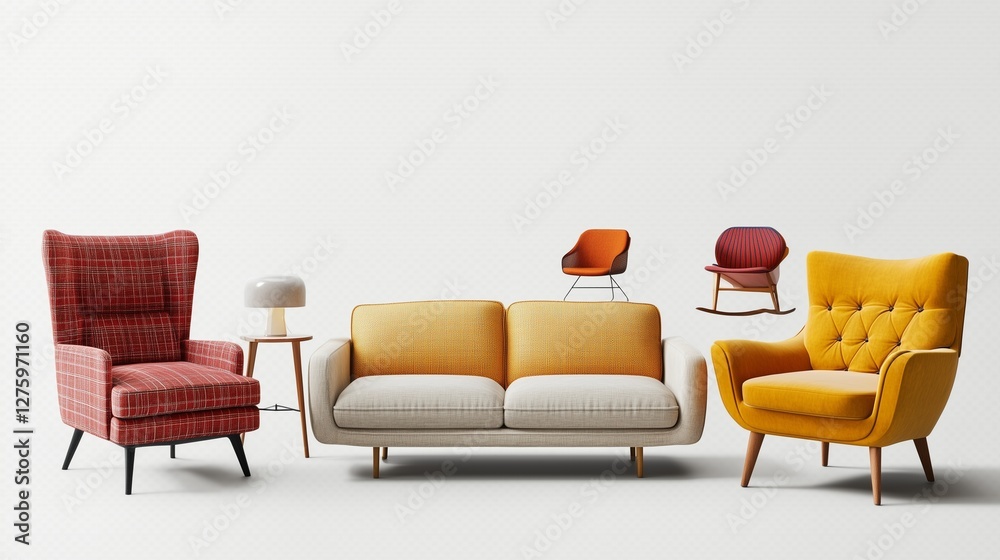 Various colored armchairs. Single collection of retro armchairs with ...