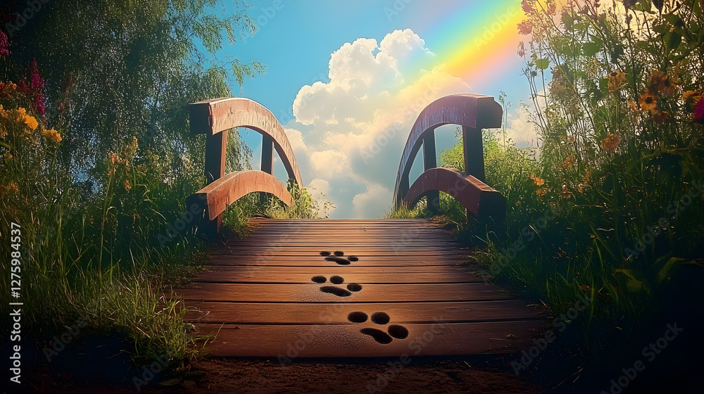 Rainbow bridge leading to the sky with paw prints along the path ...