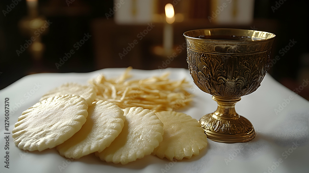 Holy Communion Bread, wine, and candlelit setting. Religious ceremony ...