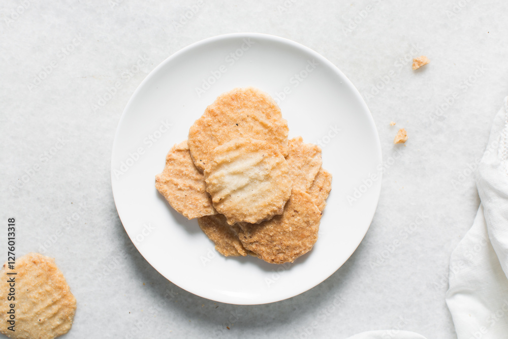 Overhead view of gurundi chips, top view of nigerian coconut biscuits ...