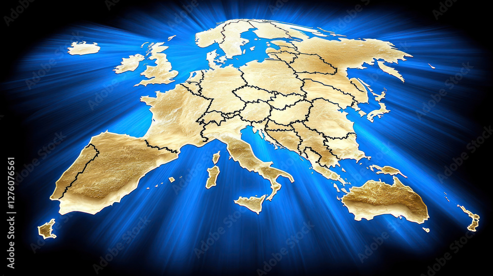 map of Europe with golden texture and blue light background, showcasing ...