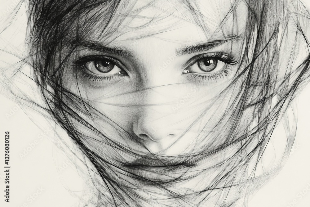 Detailed pencil drawing of a woman's face with flowing hair surrounded ...