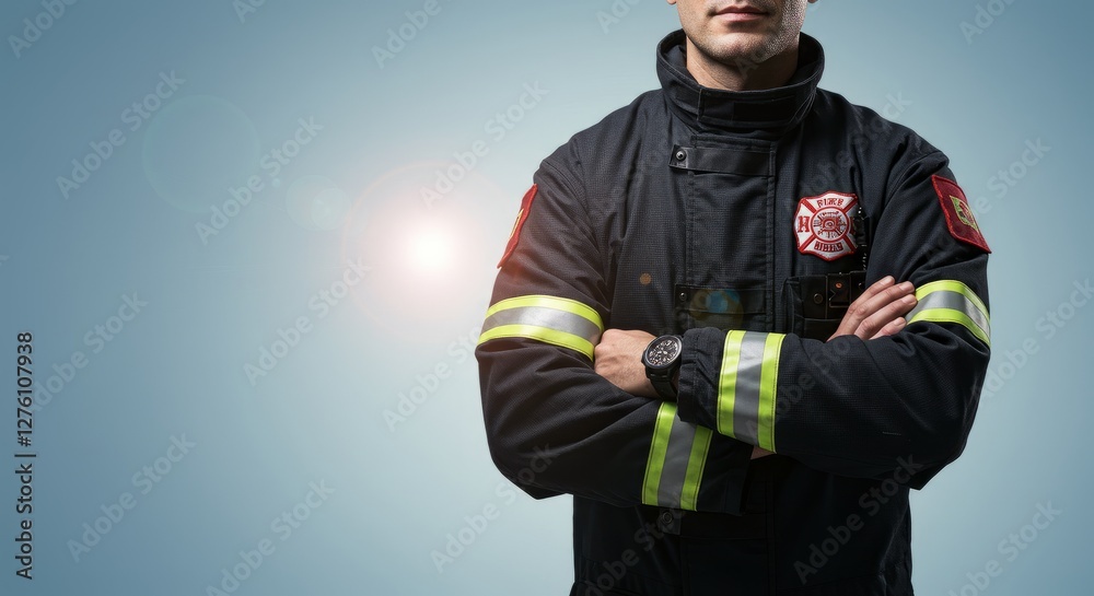 confident firefighter with uniform , mid-section close-up, arms crossed ...