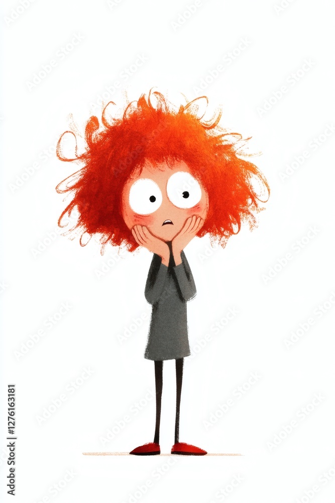 Young girl with messy red hair looks surprised and worried in a simple ...