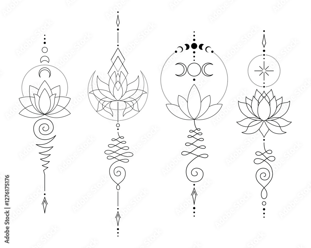 Sacred Lotus Unalome Tattoo Design Collection. Minimalist Spiritual ...