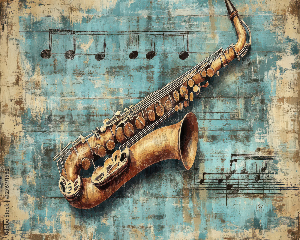 Vintage saxophone illustration on textured blue background with musical ...