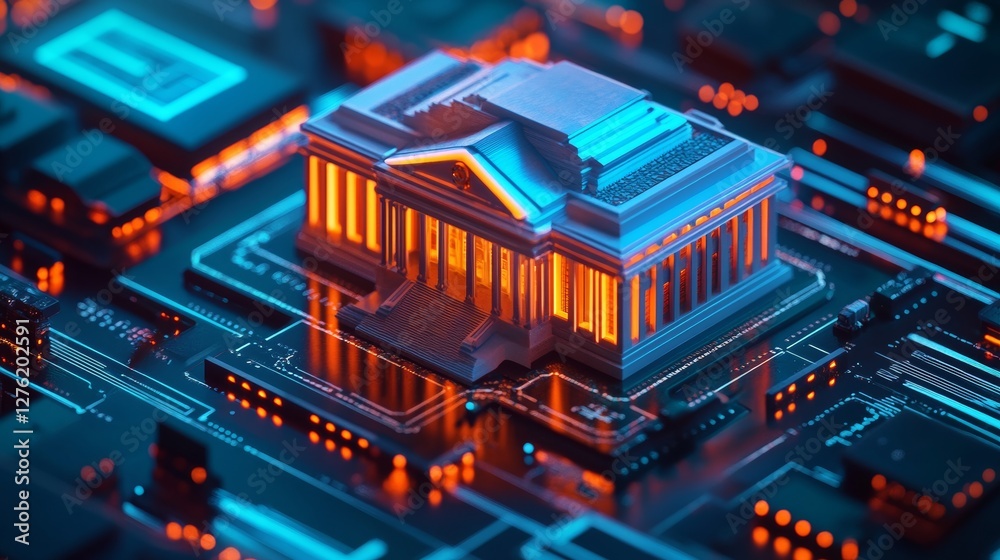 A bank building, the bank depicted as a diorama on top of a circuit ...