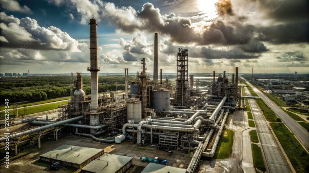 Beaumont Texas Oil Refinery Aerial Drone Shot, Cloudy Sky, Bokeh ...
