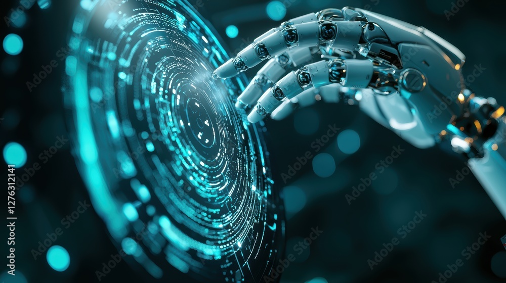 High-tech AI robot interacting with a holographic interface, futuristic digital innovation ...