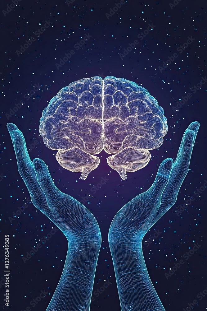 Two human hands holding human brain. Support healthy brain concept ...