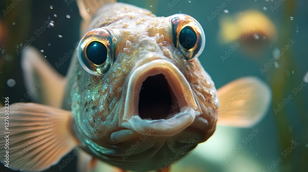 A hilarious close-up of a surprised fish with bulging eyes and an open ...
